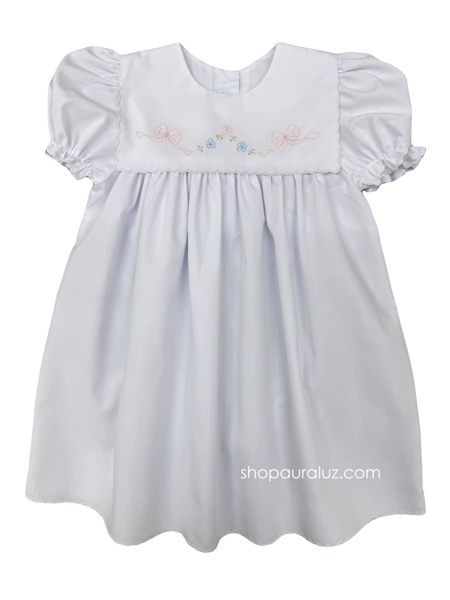 Auraluz Dress...White with square collar,pink scallop trim and embroid – AURALUZ
