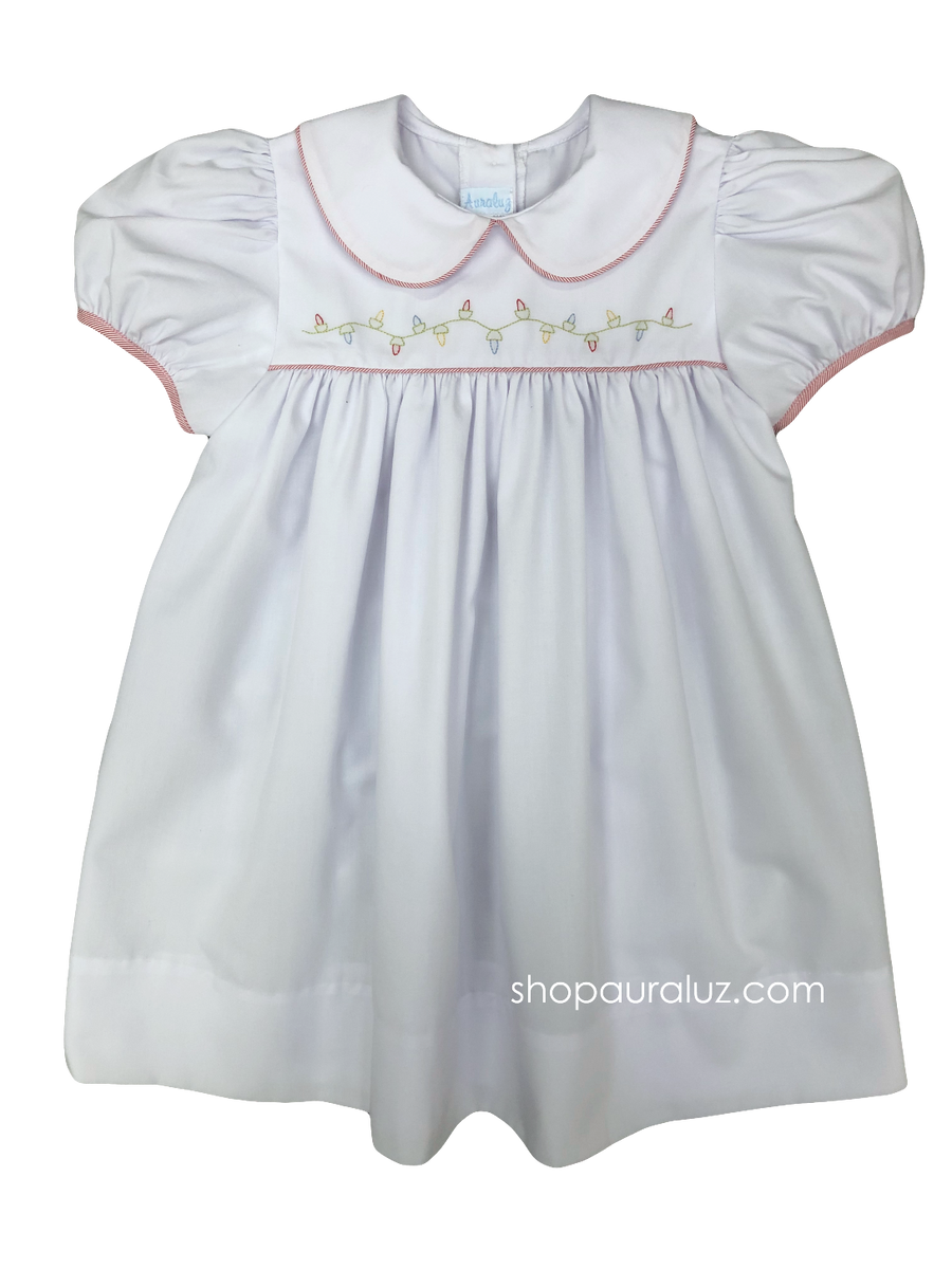 Auraluz Dress..White with red stripe trim and embroidered Christmas li – AURALUZ
