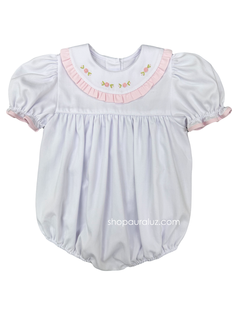 Auraluz Pique Girl Bubble...White with small round collar,pink ruffle ...